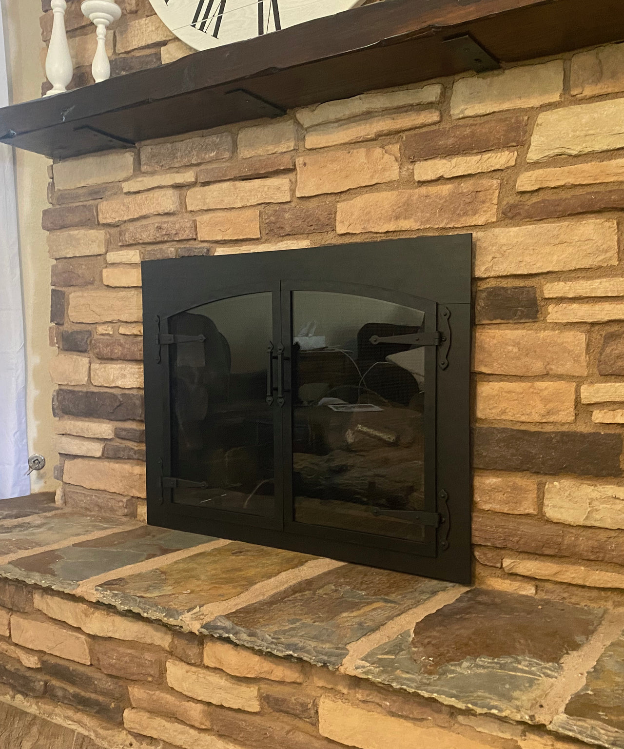 Chateau Traditional Arch Fireplace Doors with Forged Iron - Matte Blac ...